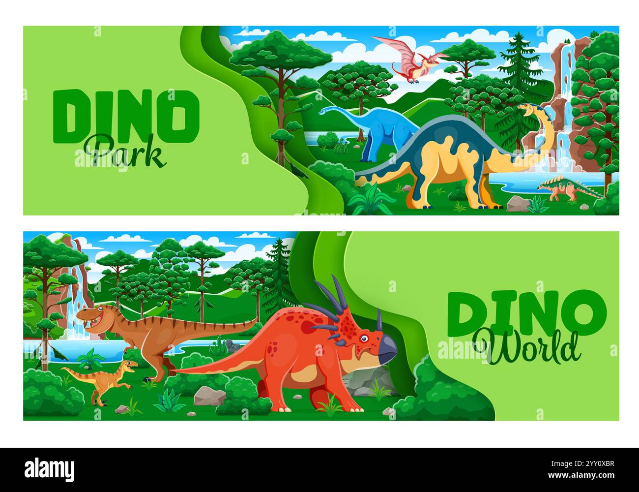 Dino park paper cut banners with prehistoric dinosaurs characters ...