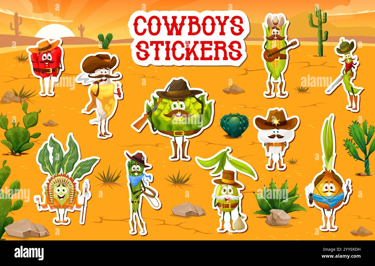 Stickers pack of cartoon cowboy, bandit and sheriff vegetable ...