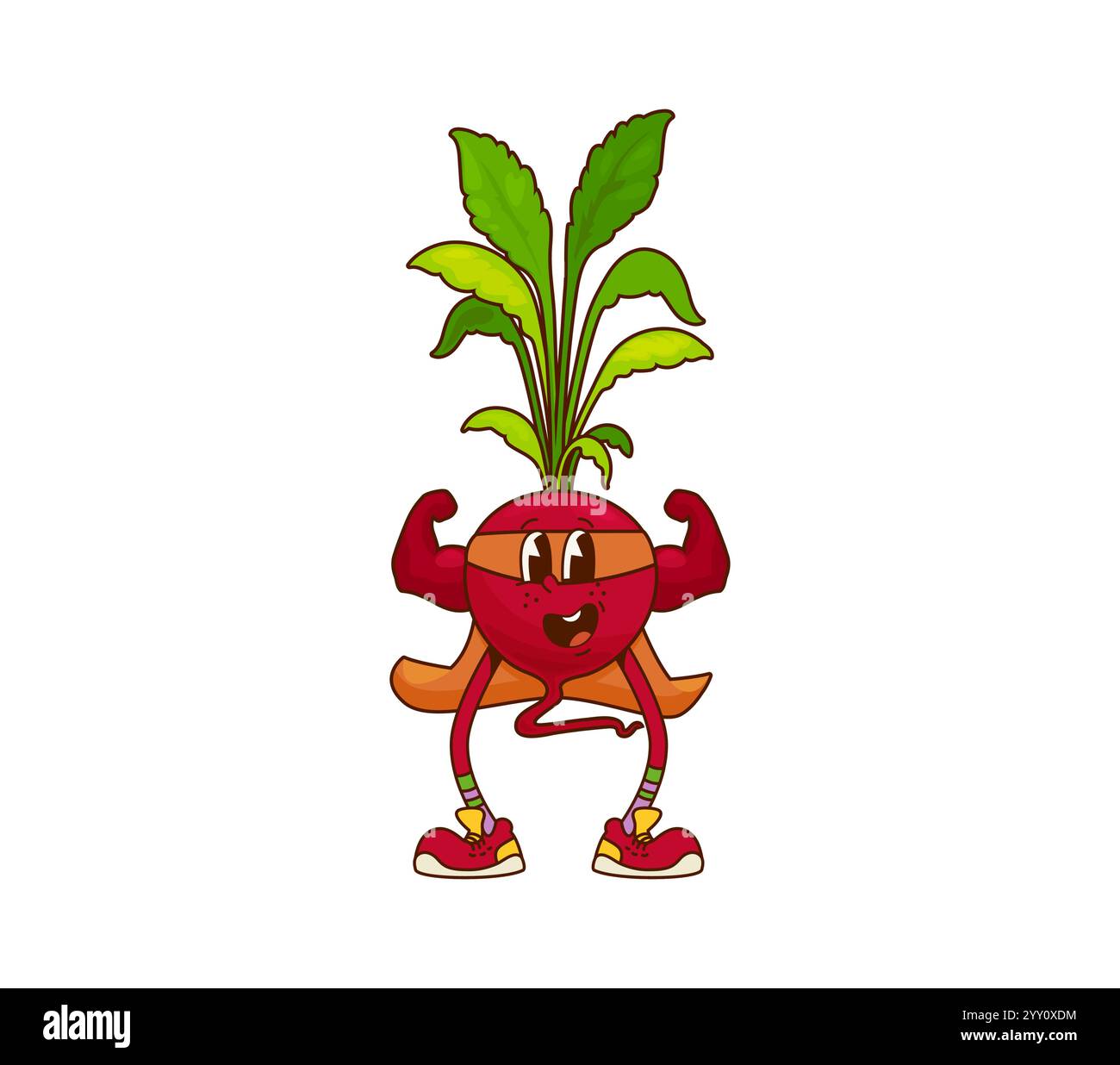 Groovy radish vegetable superhero character flexing its muscles ...