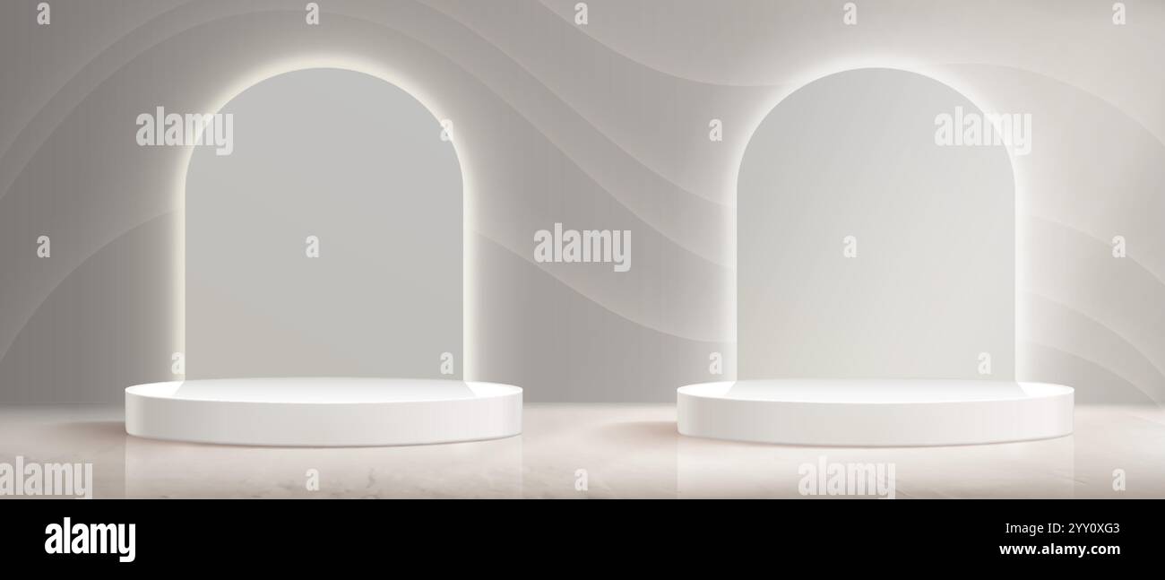 Minimalist white circular podiums beneath illuminated arches. Elegant ...