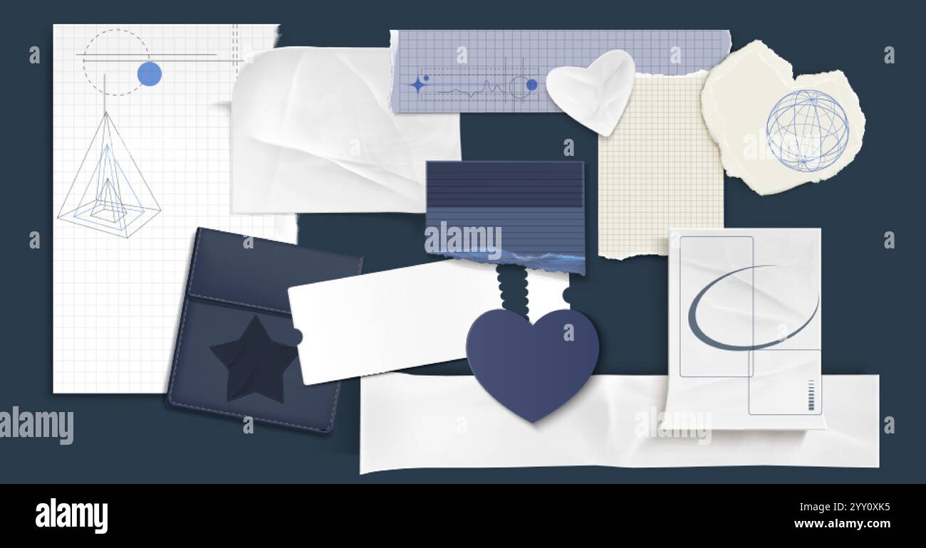 Torn paper sheets with geometric sketches scattered on navy background ...
