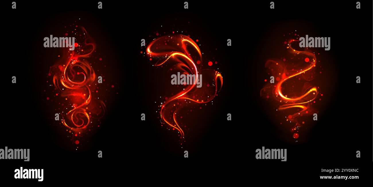 Fiery red magical traces swirling on dark background. Glowing orange ...