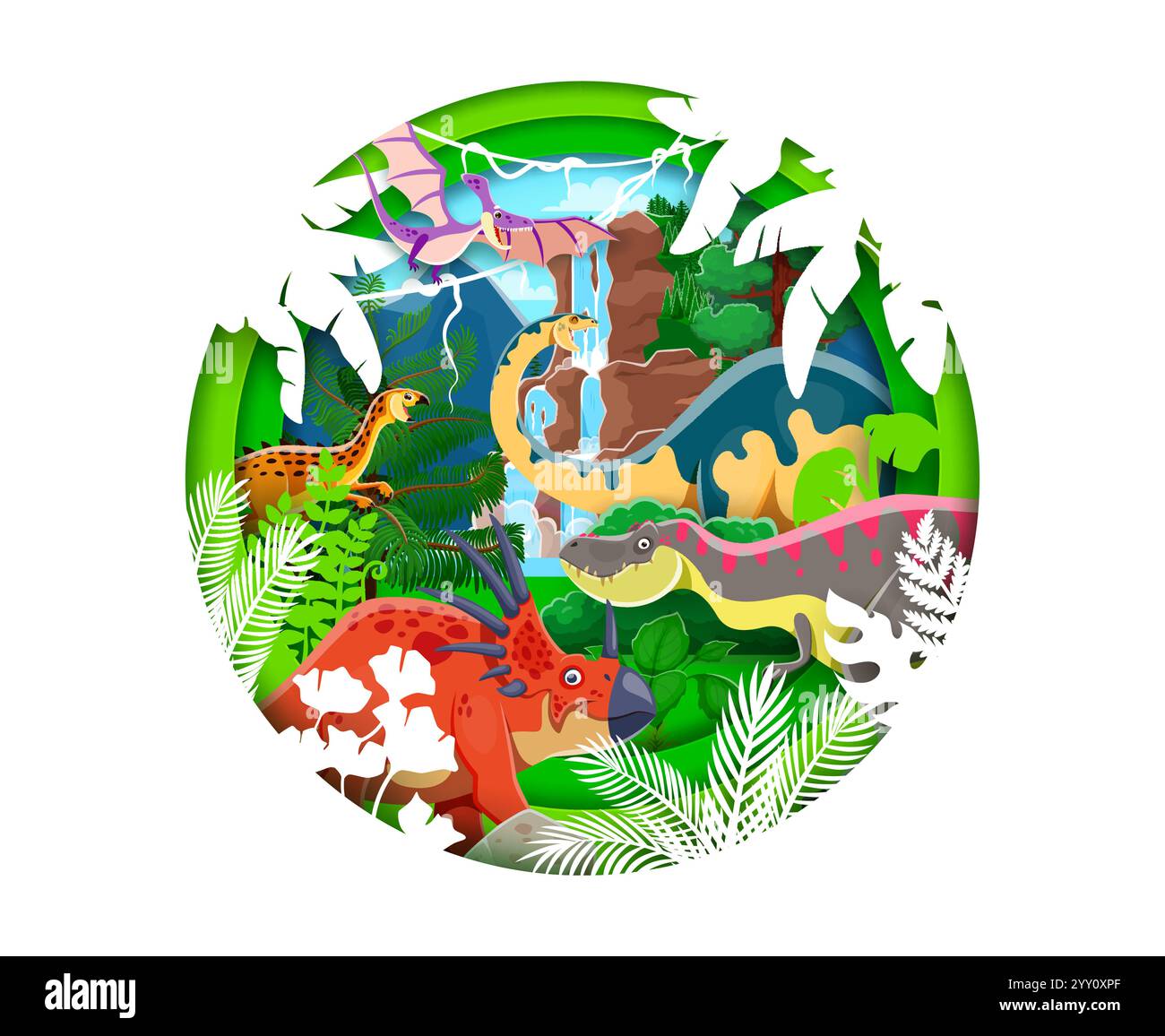 Paper cut prehistoric dinosaurs landscape with waterfall and palm trees ...