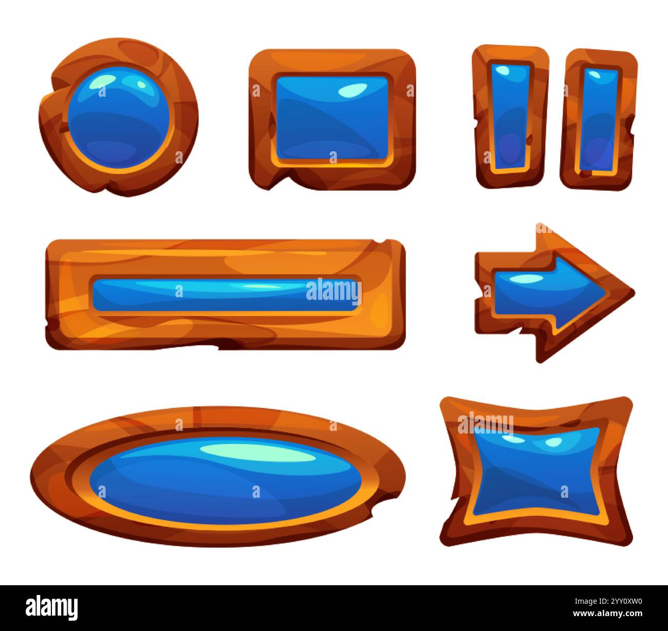 Wooden game ui elements with glowing blue crystal inlays. Cartoon ...