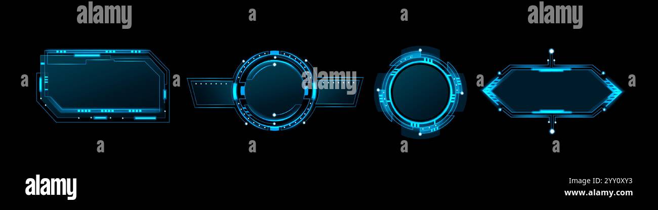 Futuristic blue frames with neon glowing tech elements on black ...