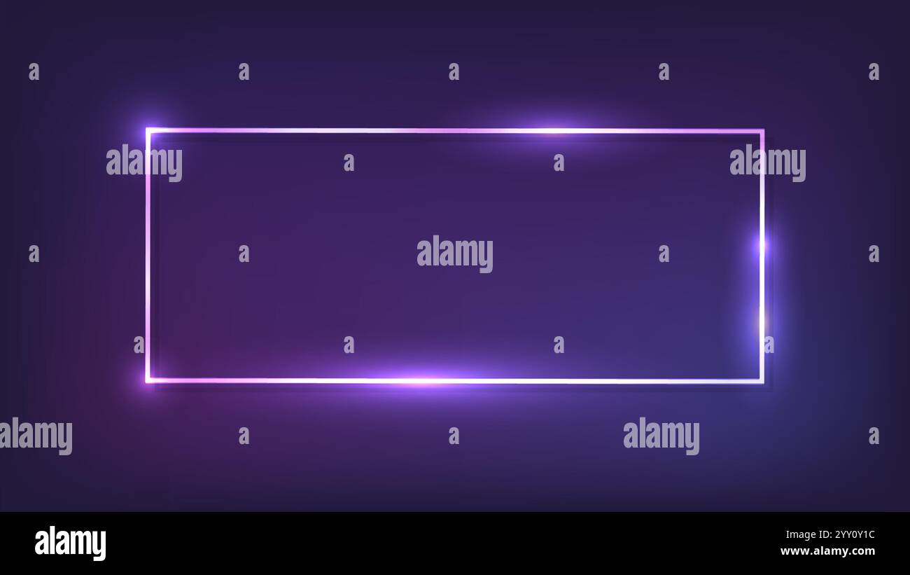 Neon rectangular frame with shining effects on dark background. Empty ...