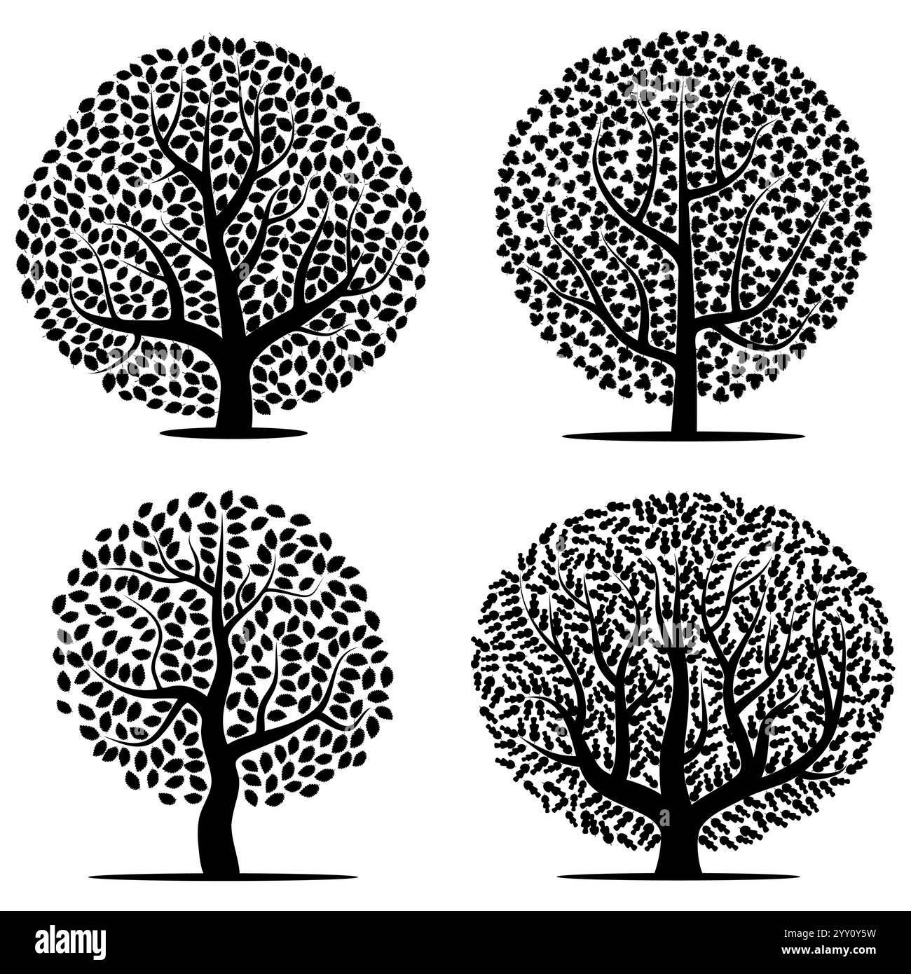 Set of four black trees with leaves on white background. Vector ...