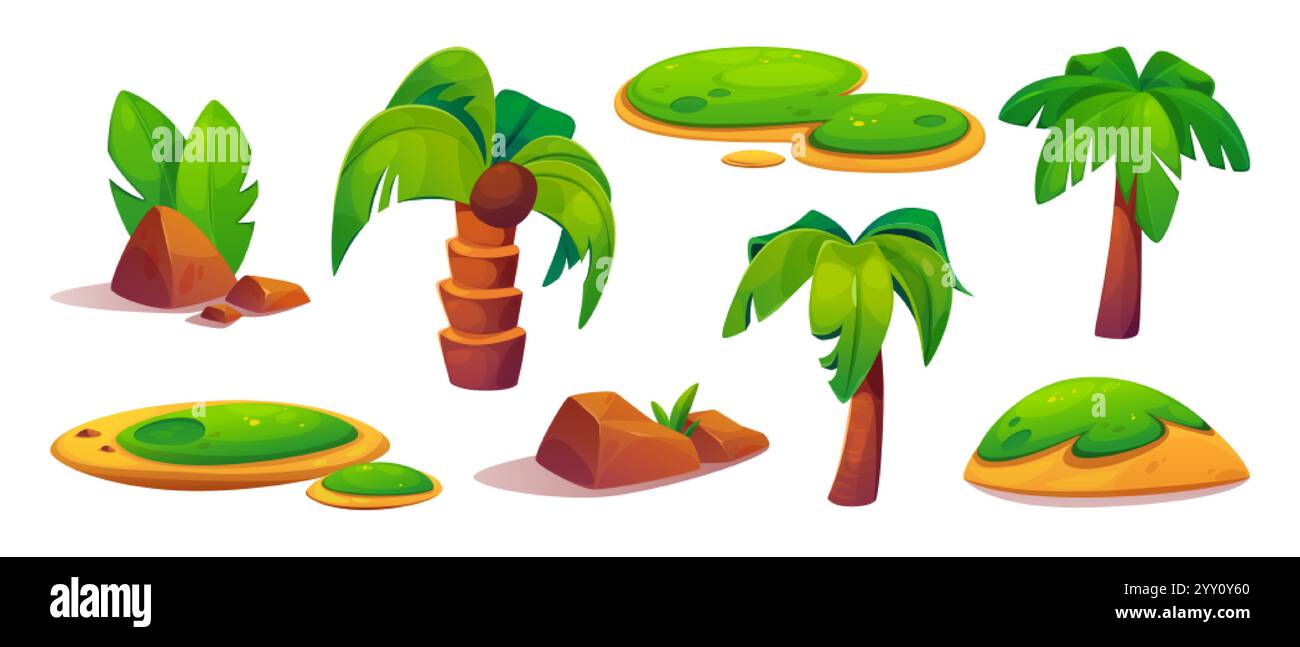 Palm trees and islands set isolated on white background. Vector cartoon ...
