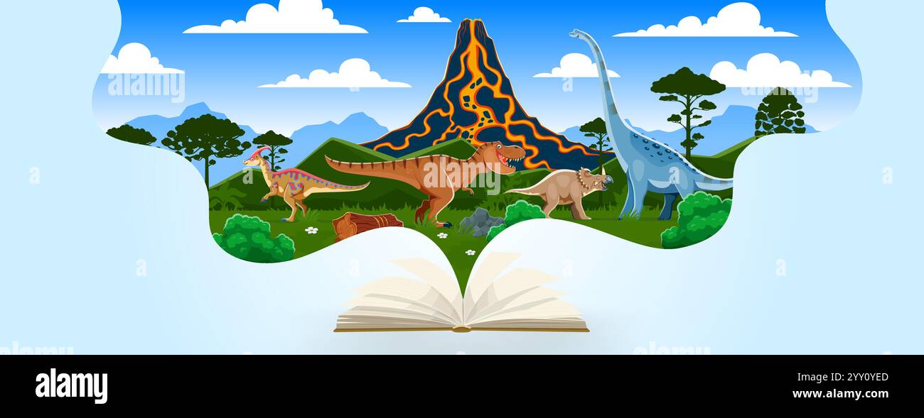 Kids book with prehistoric dinosaurs landscape, cartoon dino animals ...
