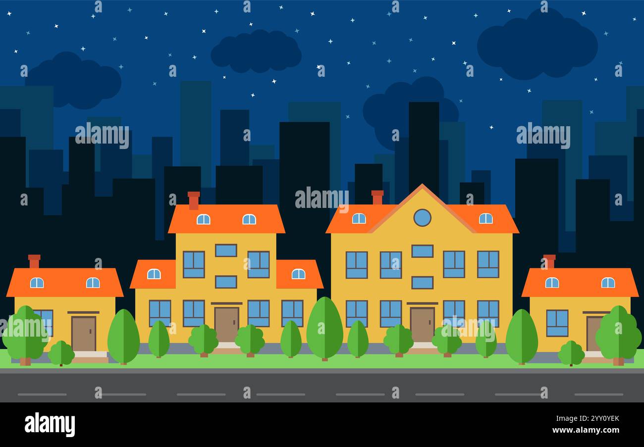 Vector night city with cartoon houses and buildings with green trees ...