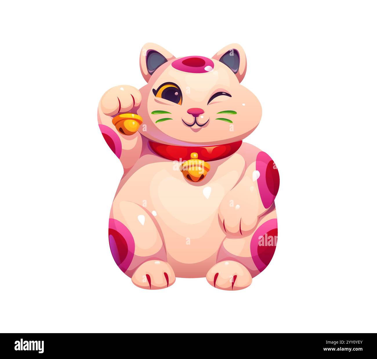 Cute cartoon Maneki Neko, or Japanese lucky cat with winking, holding a small bell in its raised ...