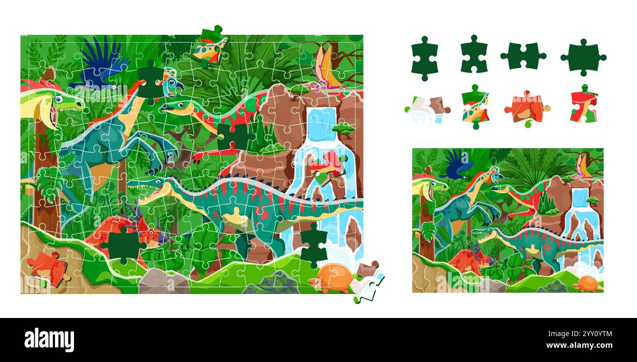 Prehistoric dinosaurs jigsaw puzzle game pieces. Cartoon vector ...