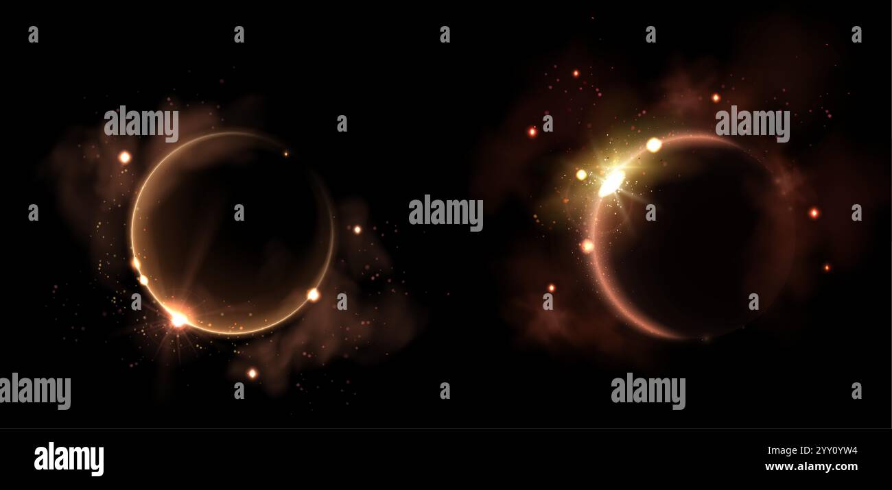 Gold solar eclipse light effect. Moon flare ring glow. Total lunar ...