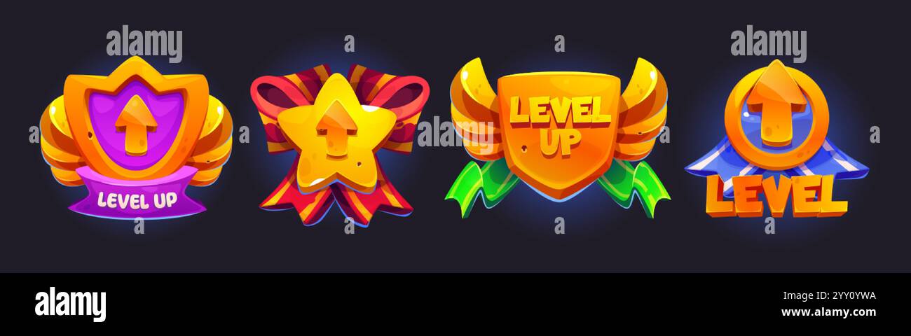 Level up game badges set isolated on black background. Vector cartoon ...