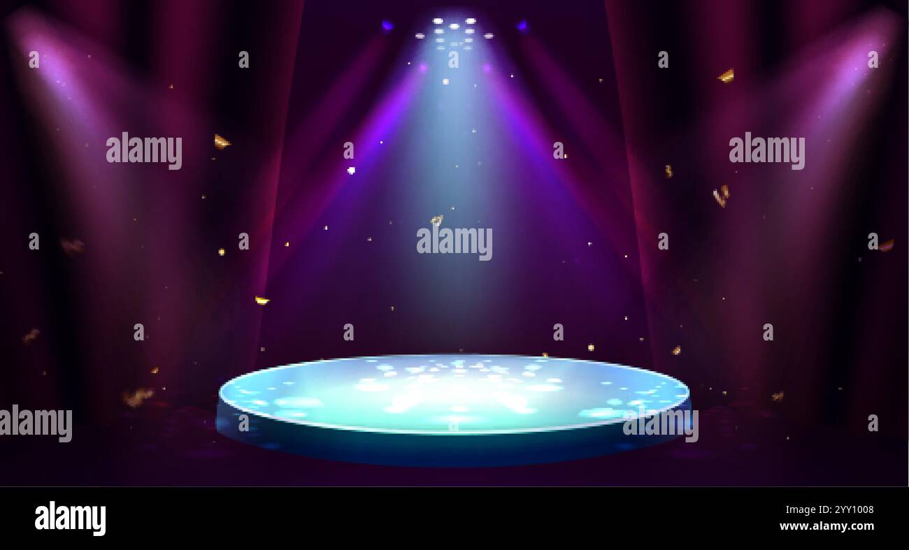 Round podium with spotlight illumination and red curtains. Vector ...