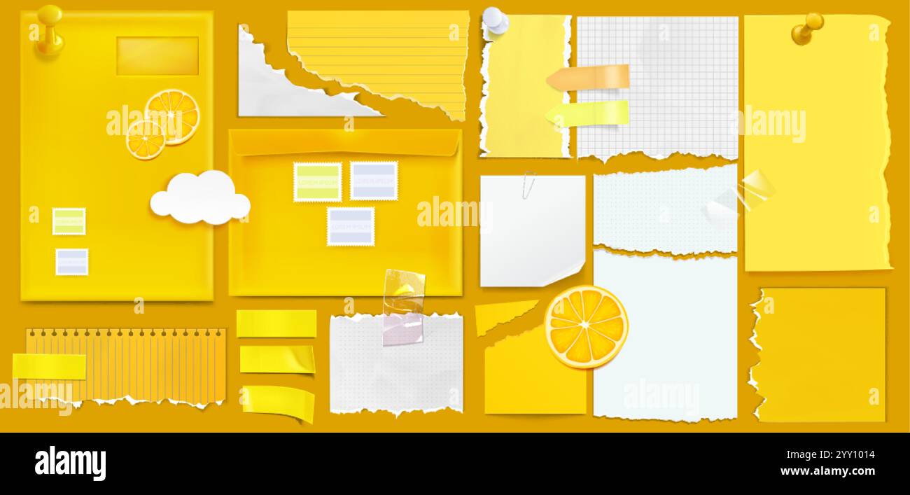 Bright yellow moodboard with ripped paper elements, sticky notes and ...
