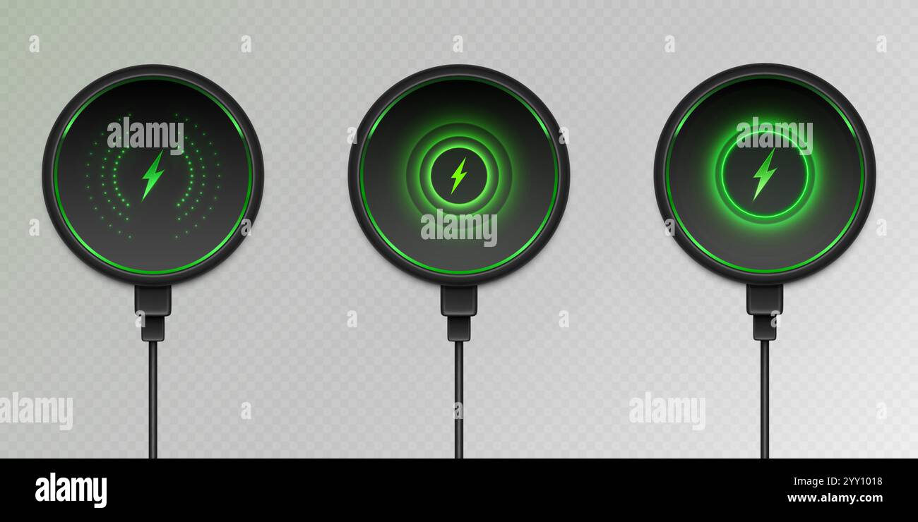 Round wireless chargers with illuminated neon green lightning symbols ...