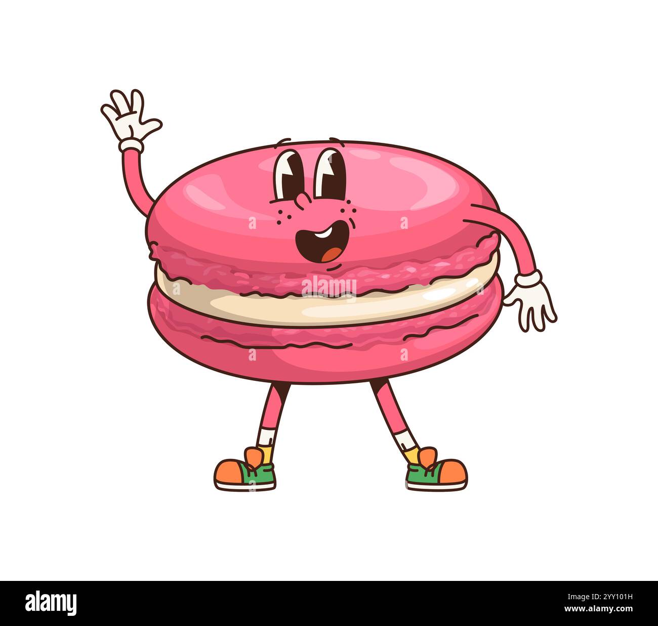 Retro groovy macaroon character. Cartoon vector pink sweet macaron ...