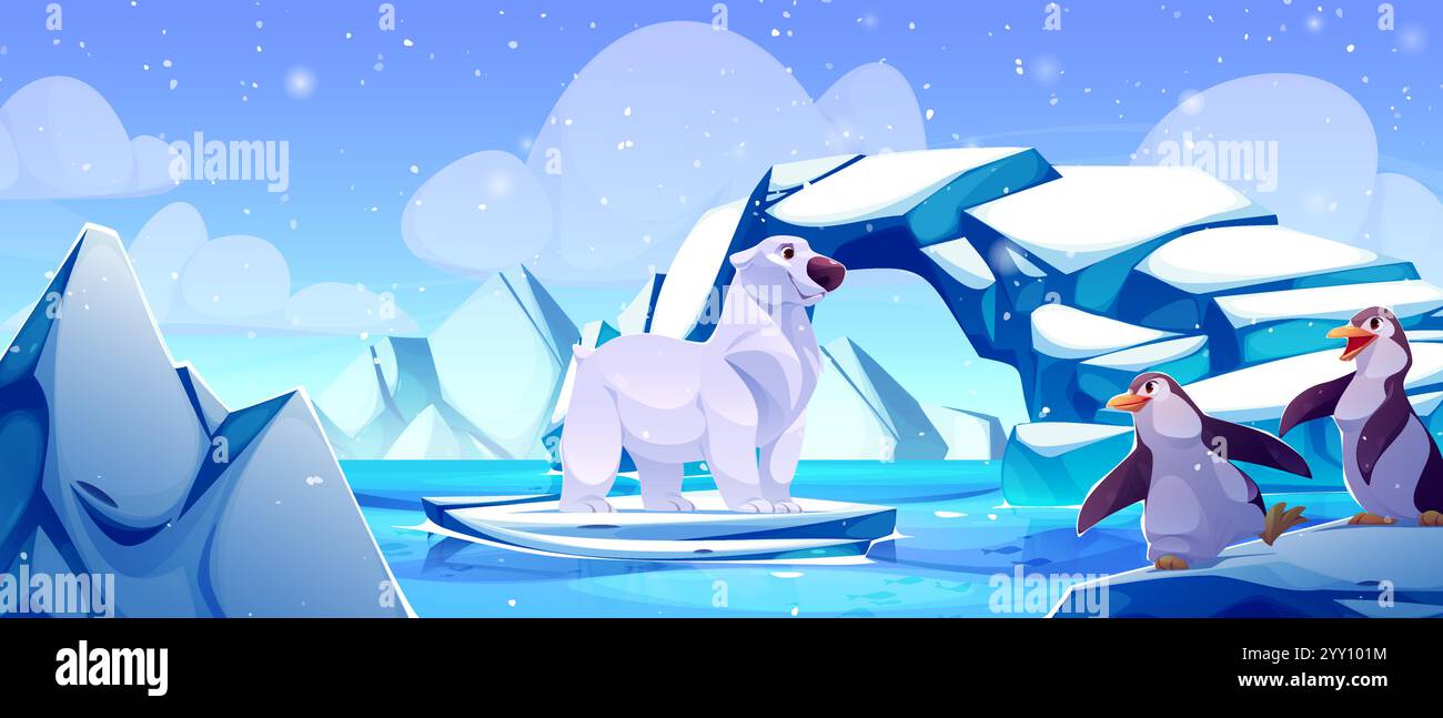 Cartoon polar bear stands on floating ice alongside playful penguins on ...