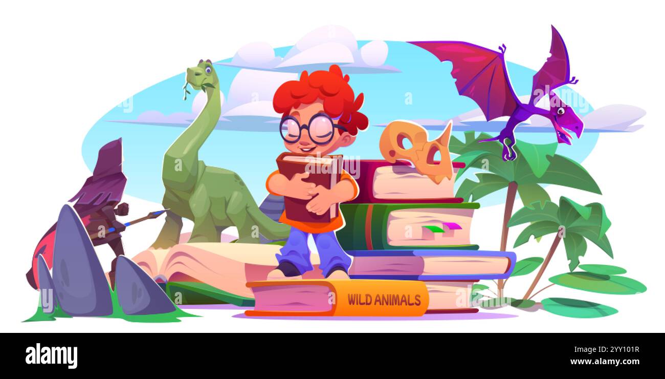 Kid read open magic fairy tale book about adventure. School library ...