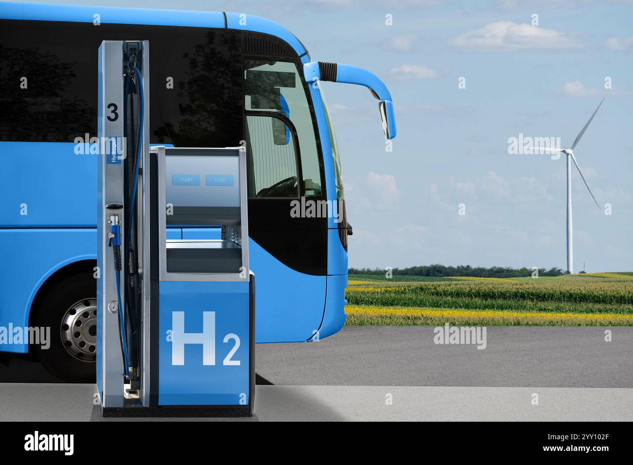 Hydrogen gas station and blue bus. Clean transportation concept Stock ...