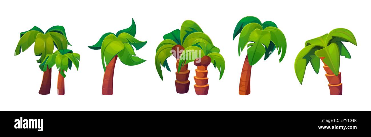 Coconut palm tree game cartoon illustration set. Tropical summer plant ...