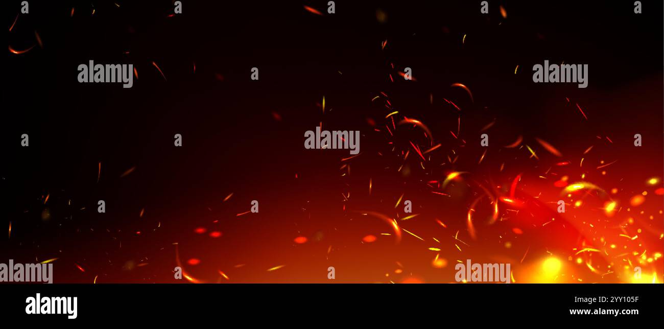 Fire sparks flying on black background. Vector realistic illustration ...