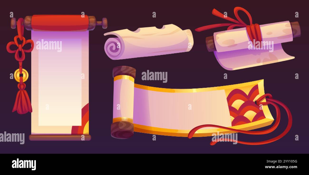 Ancient chinese paper scrolls set isolated on black background. Vector ...