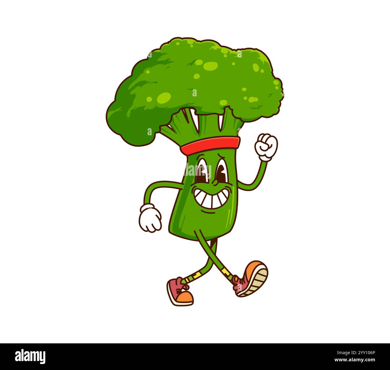 Cartoon groovy broccoli vegetable character running on fitness sport ...