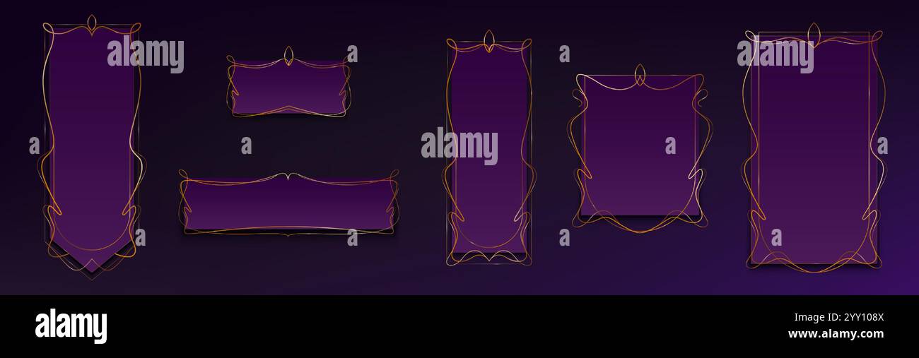 Purple fantasy deco frame for ui game interface. Gold line border with ...