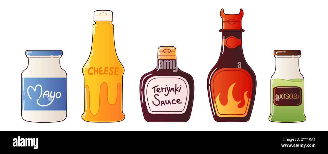 Hot chili sauce bottle for food. Jar with spicy ketchup. Green wasabi ...