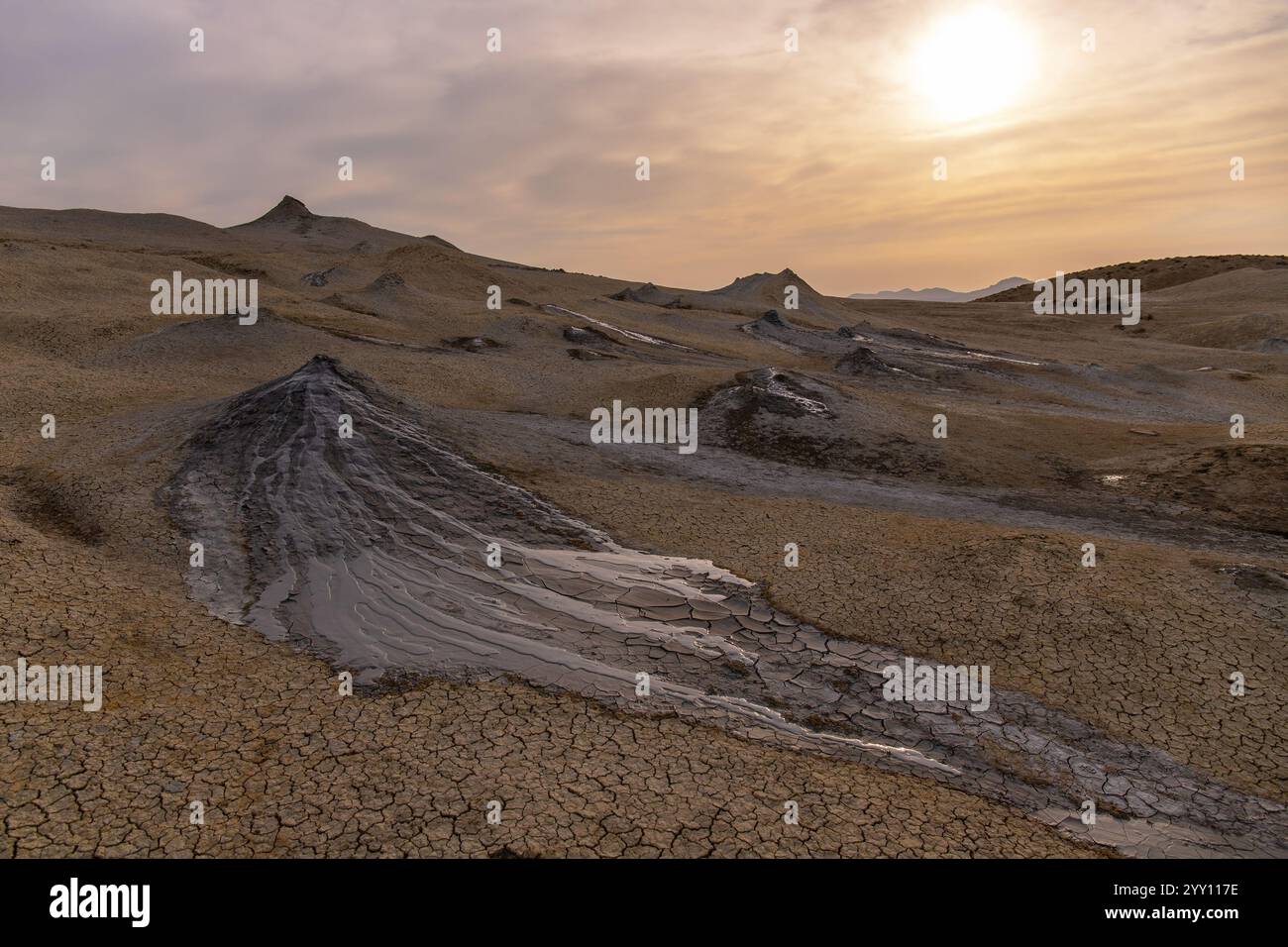 Beautiful mud volcanoes at sunset in Gobustan. Azerbaijan Stock Photo ...