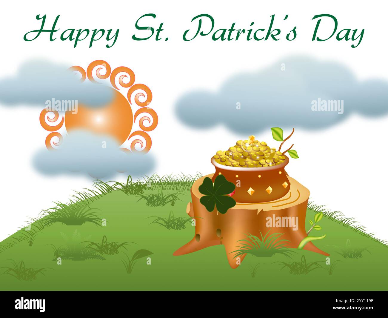 Poster for St. Patrick Day featuring a gold pot and a tree stump. The ...