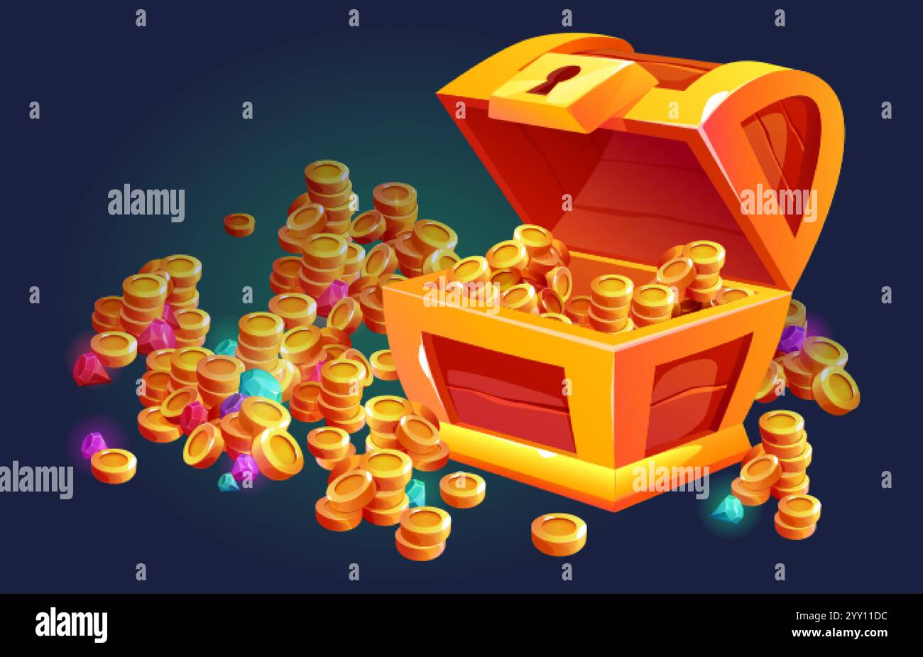 Open wooden chest full of stacked gold coins and scattered sparkling ...