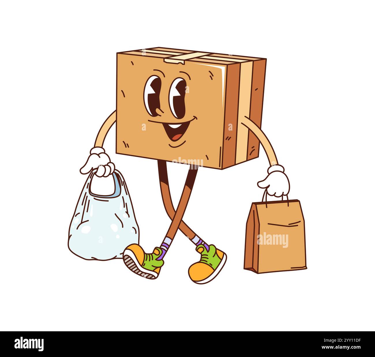 Cartoon groovy delivery cardboard box character happily carrying ...