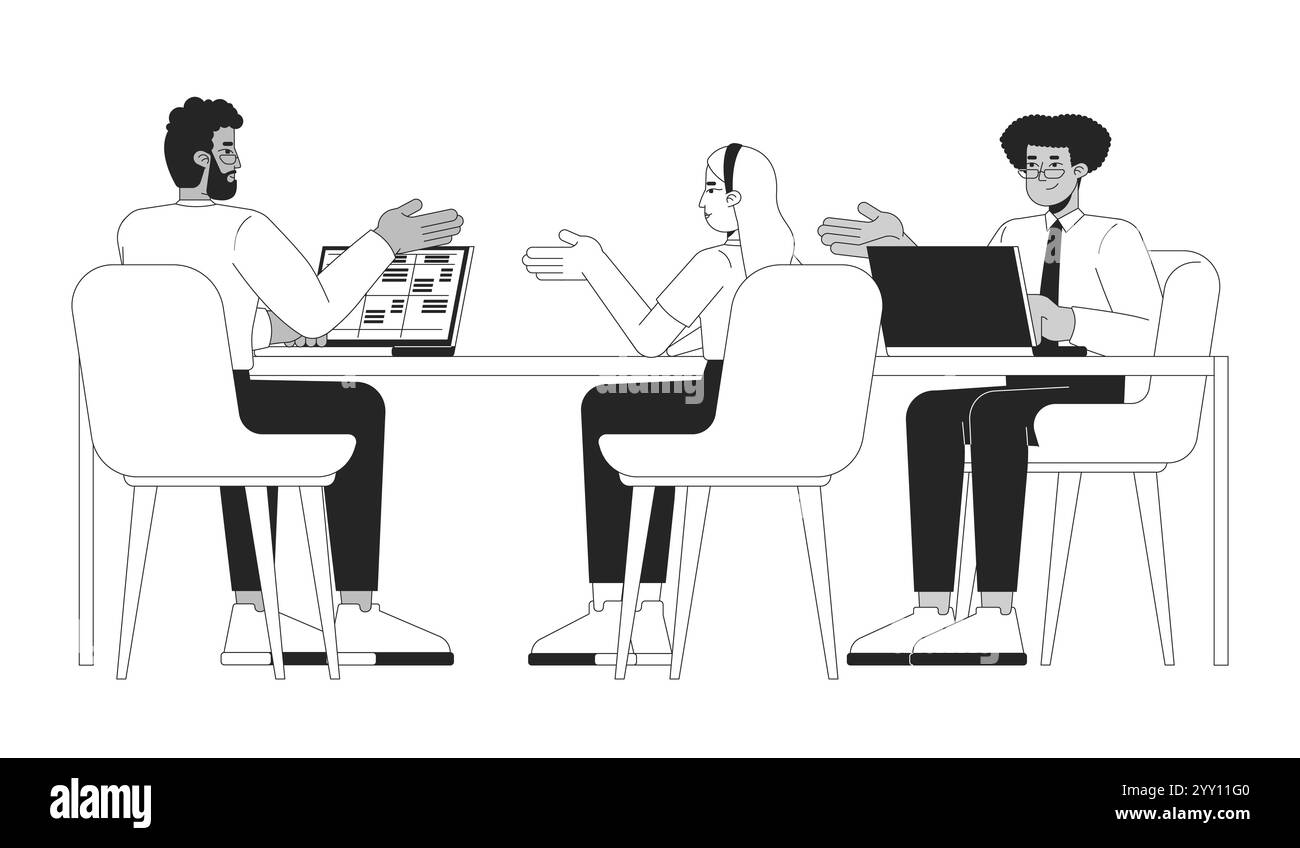 Three people colleagues discussing work at desk black and white 2D line ...