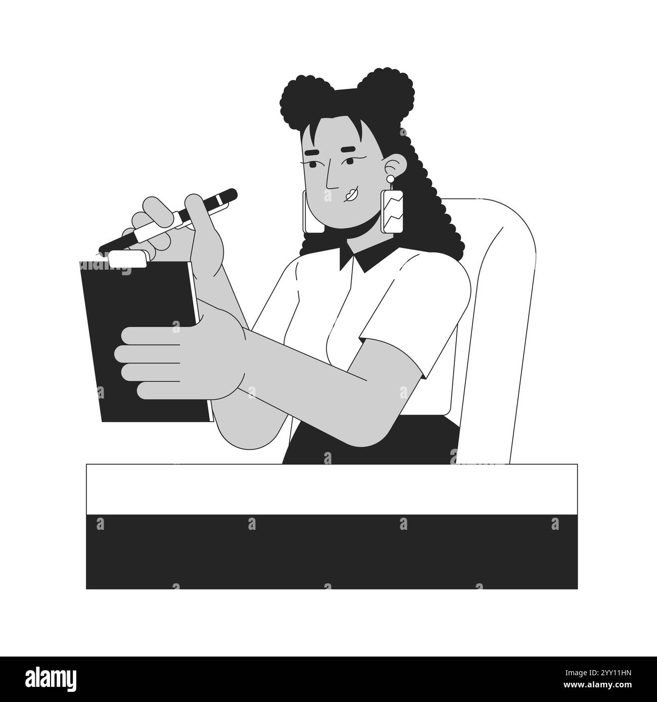 Office worker hispanic woman writing clipboard black and white 2D line ...