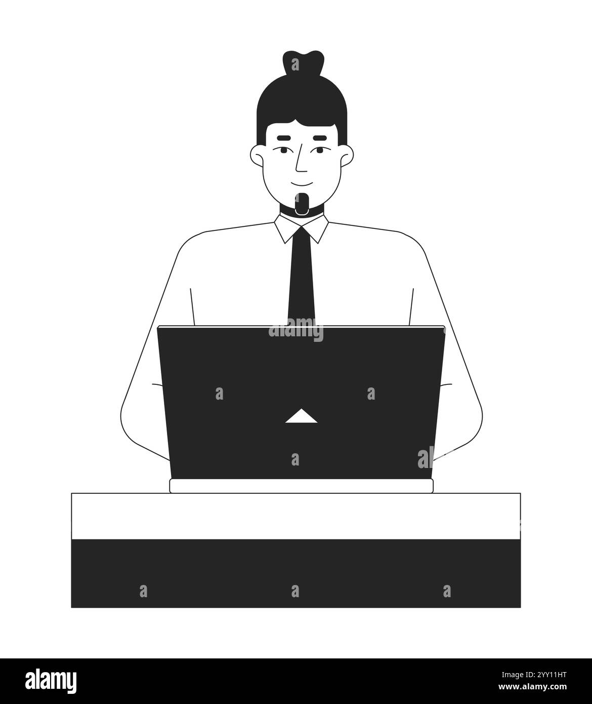 Caucasian office worker man typing laptop at desk black and white 2D ...