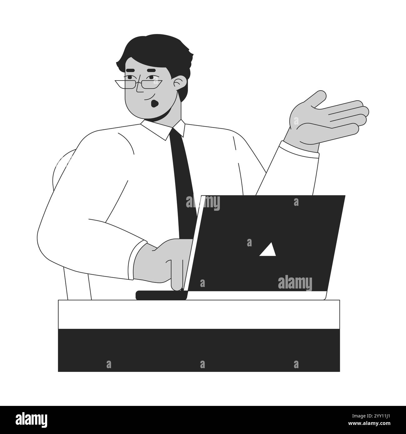Shrugging arab man office worker typing laptop at desk black and white ...