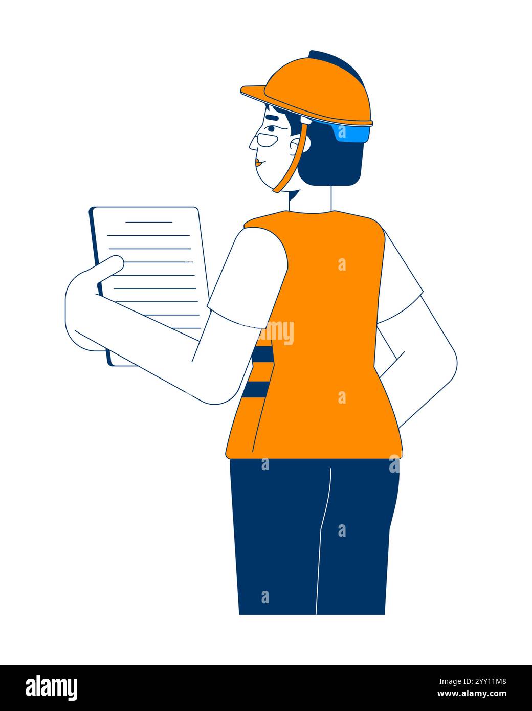 Female construction worker reviewing project document 2D cartoon ...