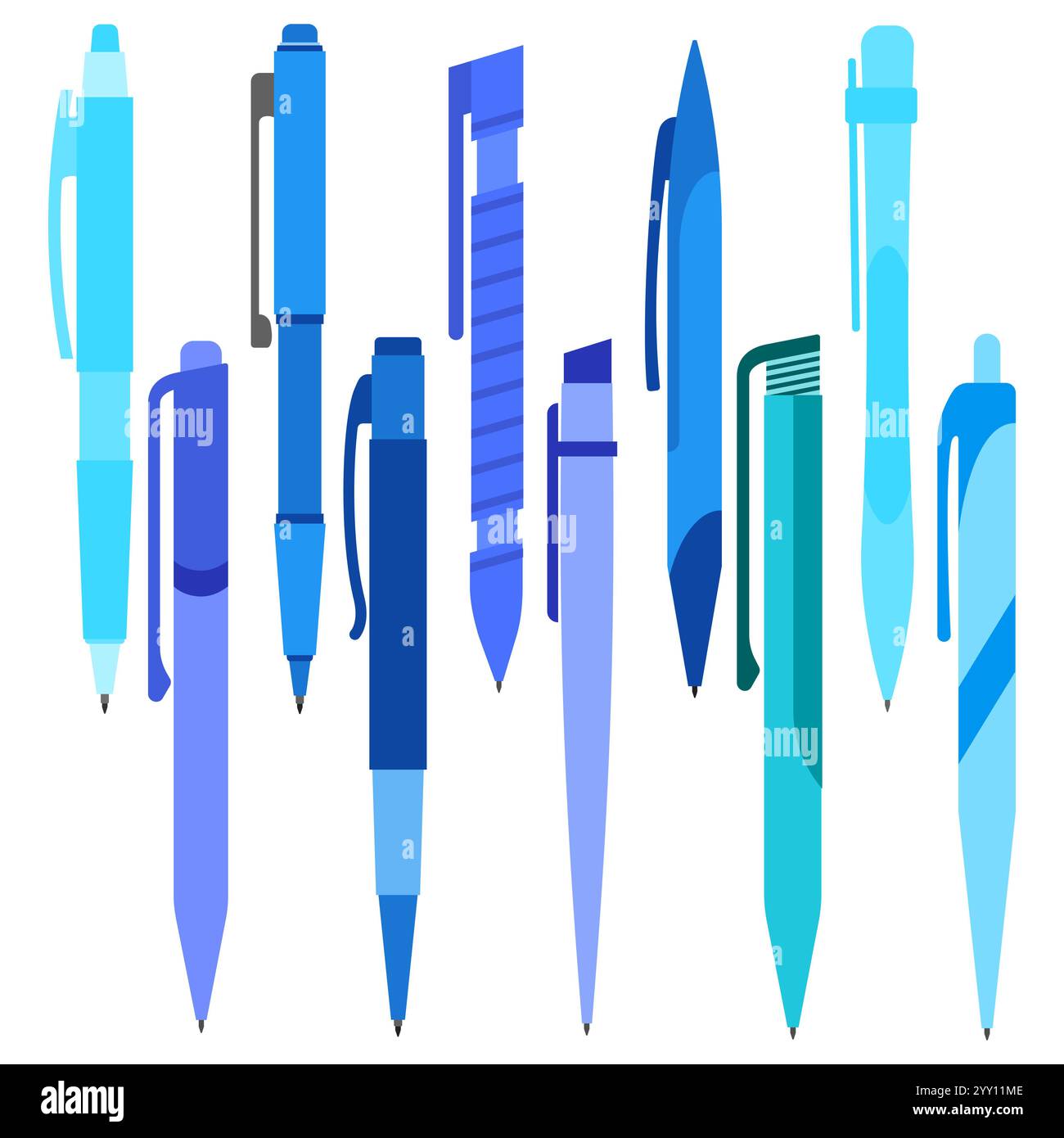 Set of blue pens on a white background. Vector illustration Stock ...