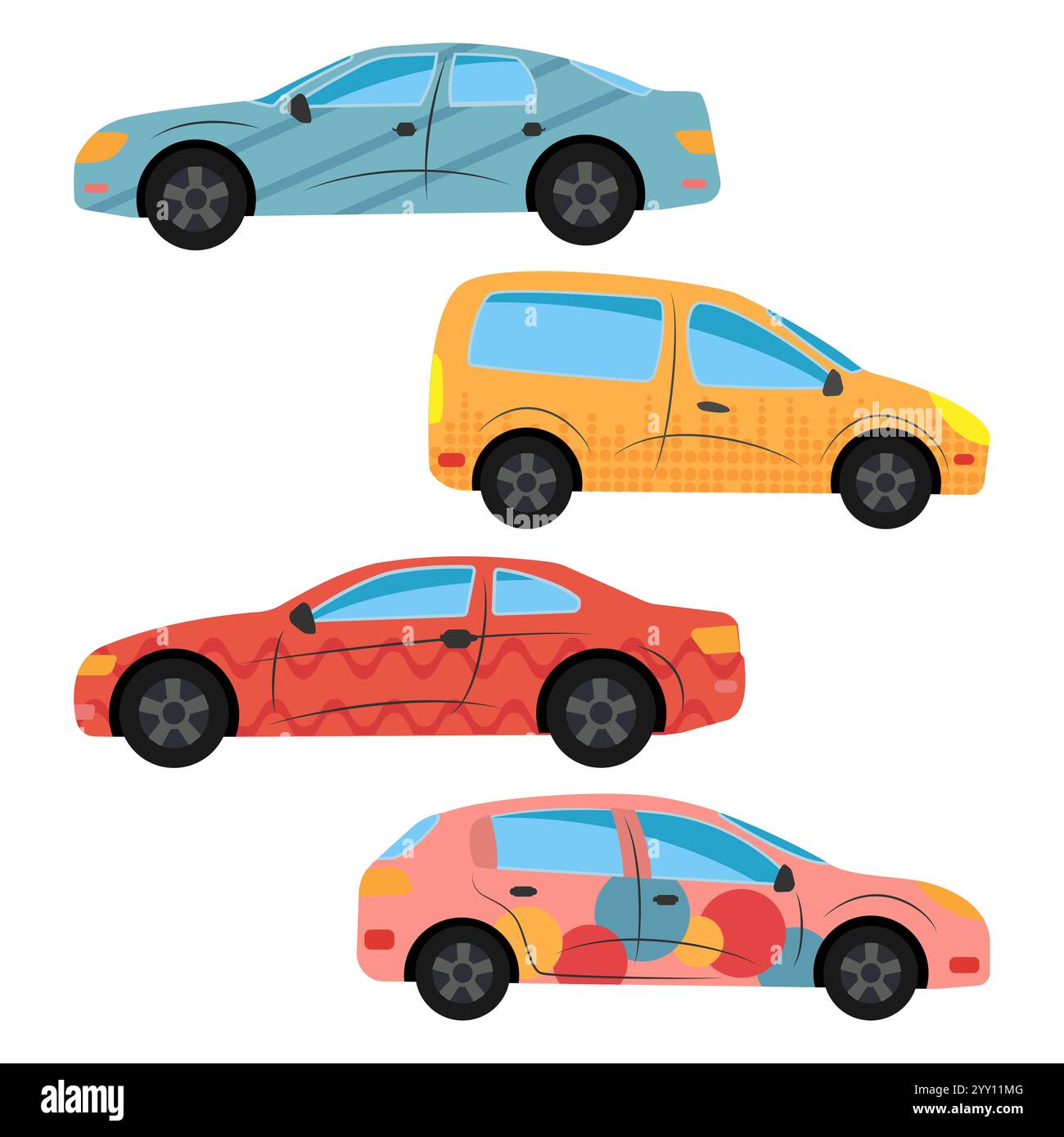 A set of four cars painted in different colors. Vector illustration ...