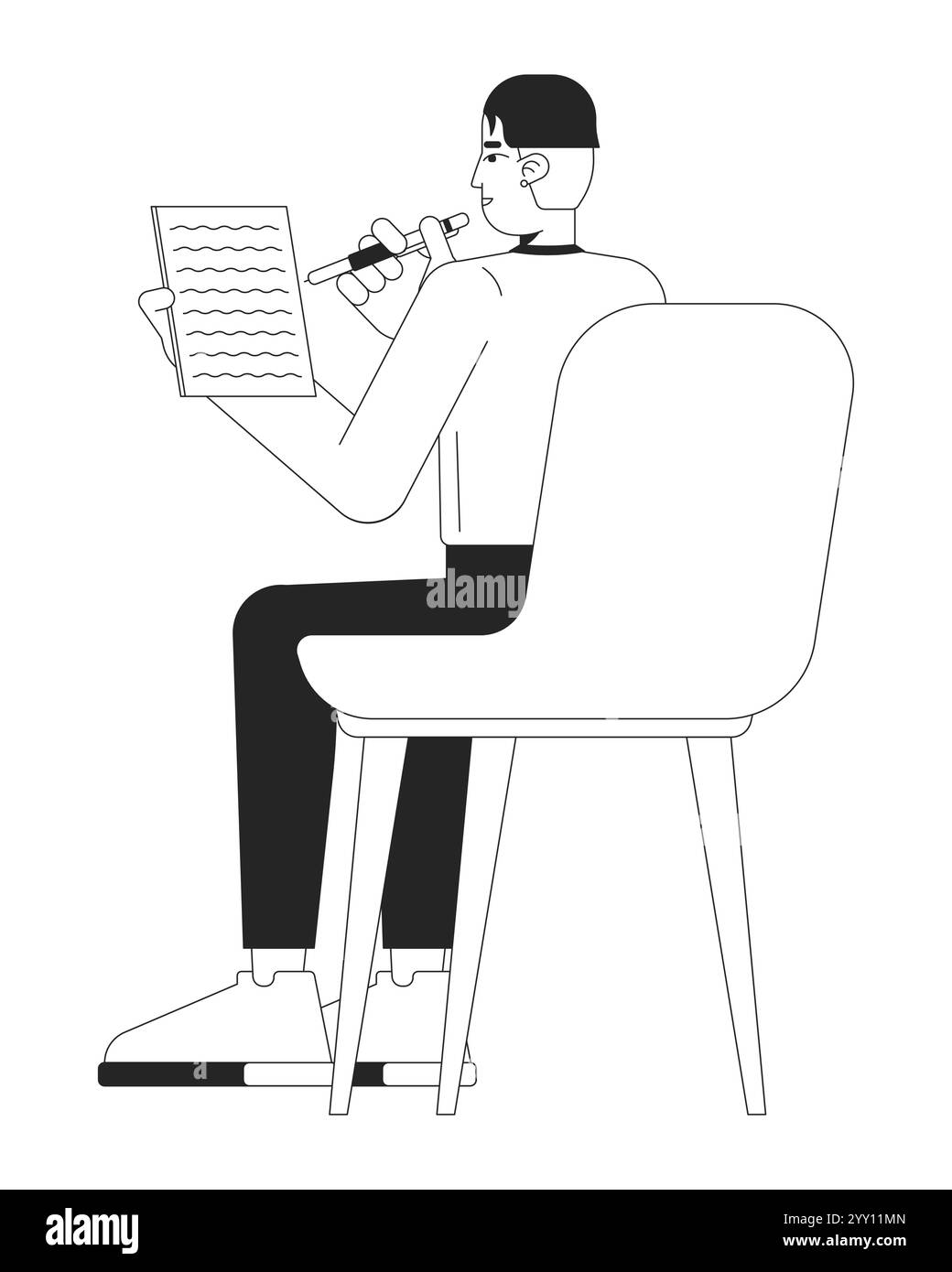 Sitting chair asian male employee taking notes office black and white ...