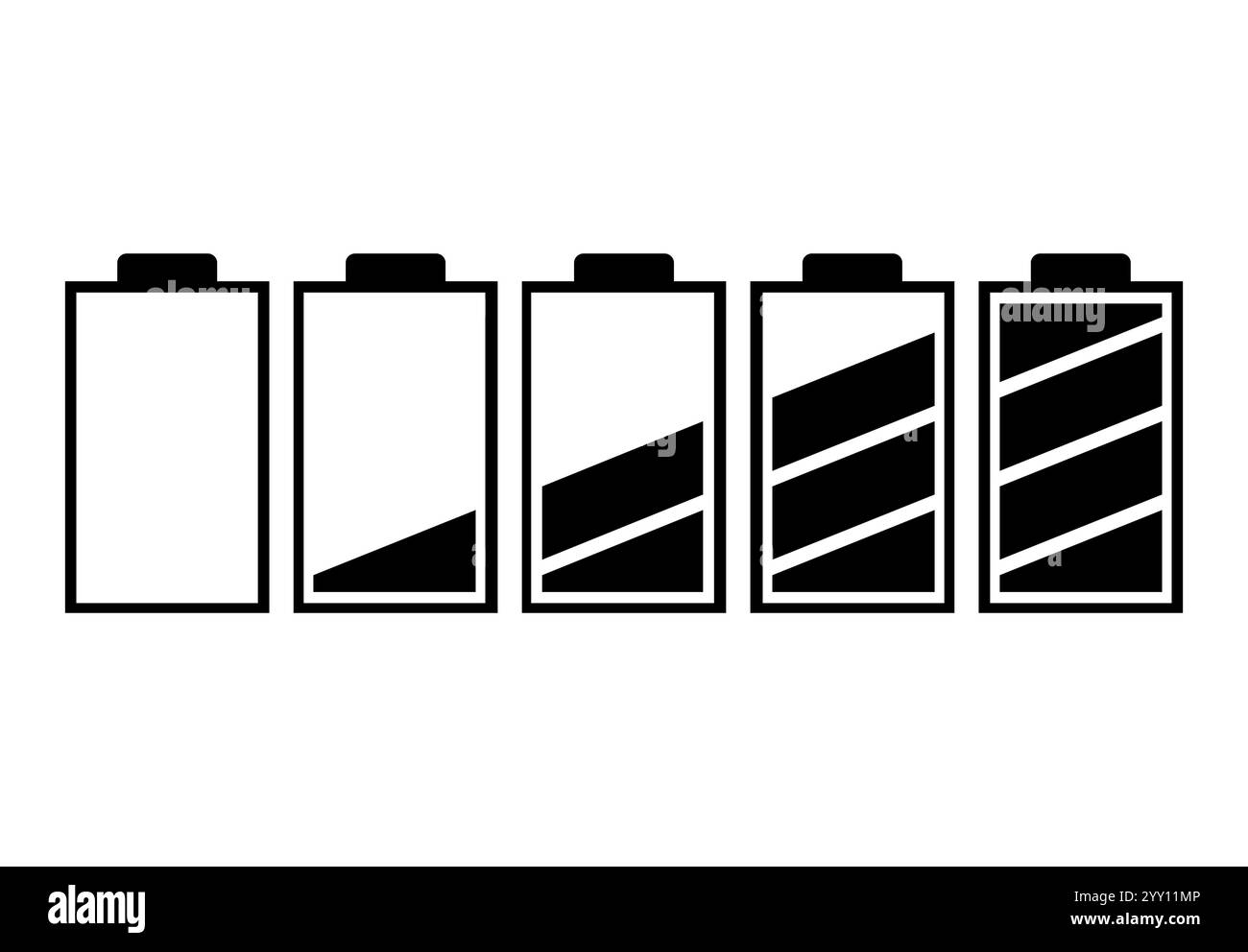 A set of five batteries with different charge indicators. Vector ...