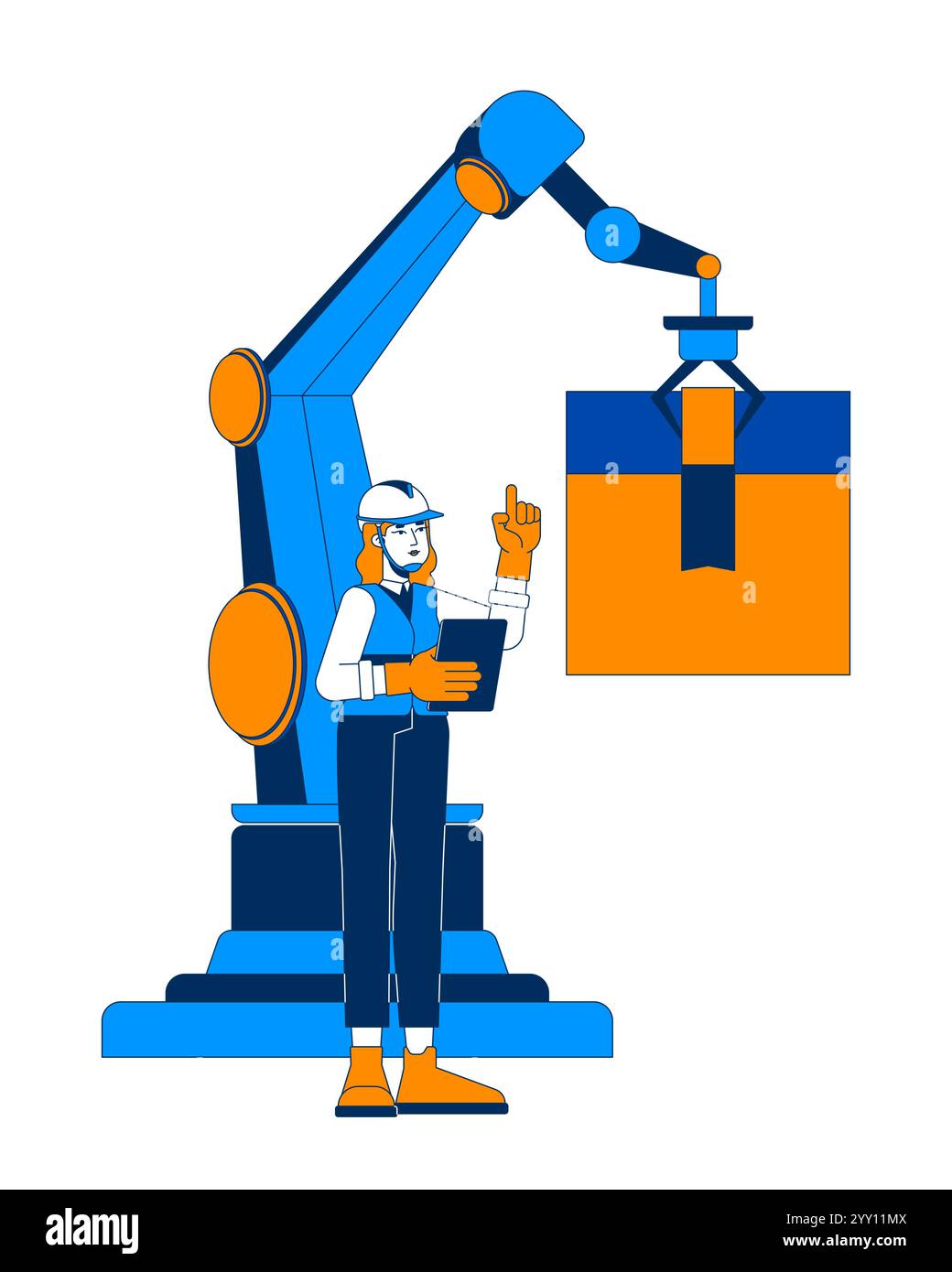 Female engineer supervising robotic packaging arm 2D cartoon character ...