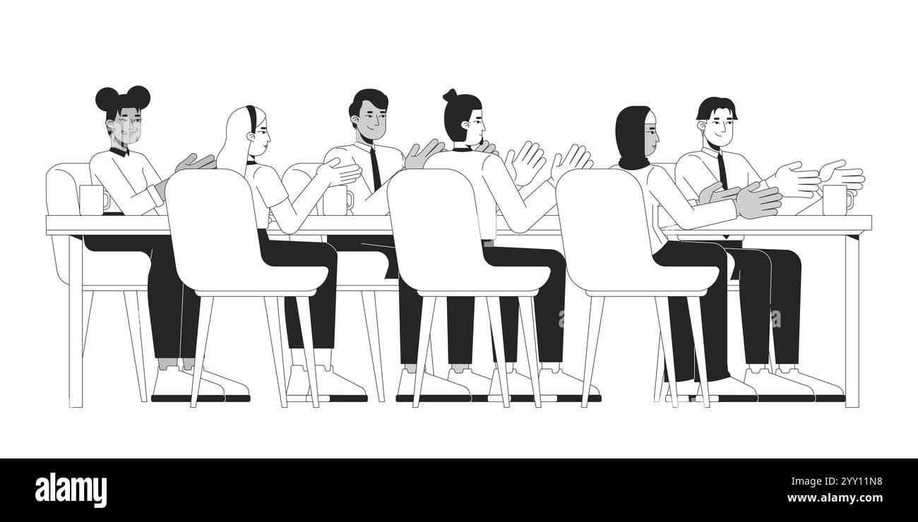 Multicultural colleagues clapping applauding at table black and white ...