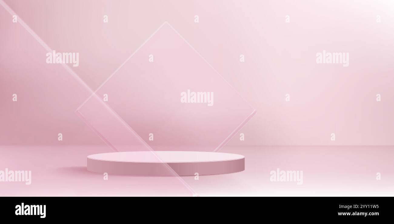 3d pastel pink podium with glass stand on background. Cosmetic product ...
