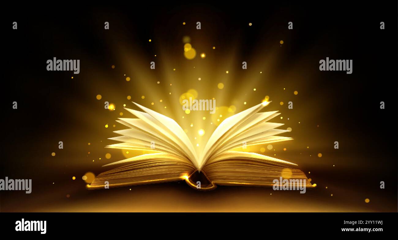 Open book with shining pages on black background. Vector realistic ...
