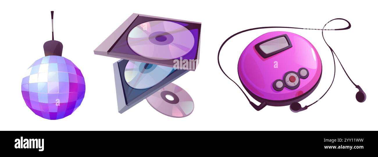 Disco ball and CD player isolated on white background. Vector cartoon ...