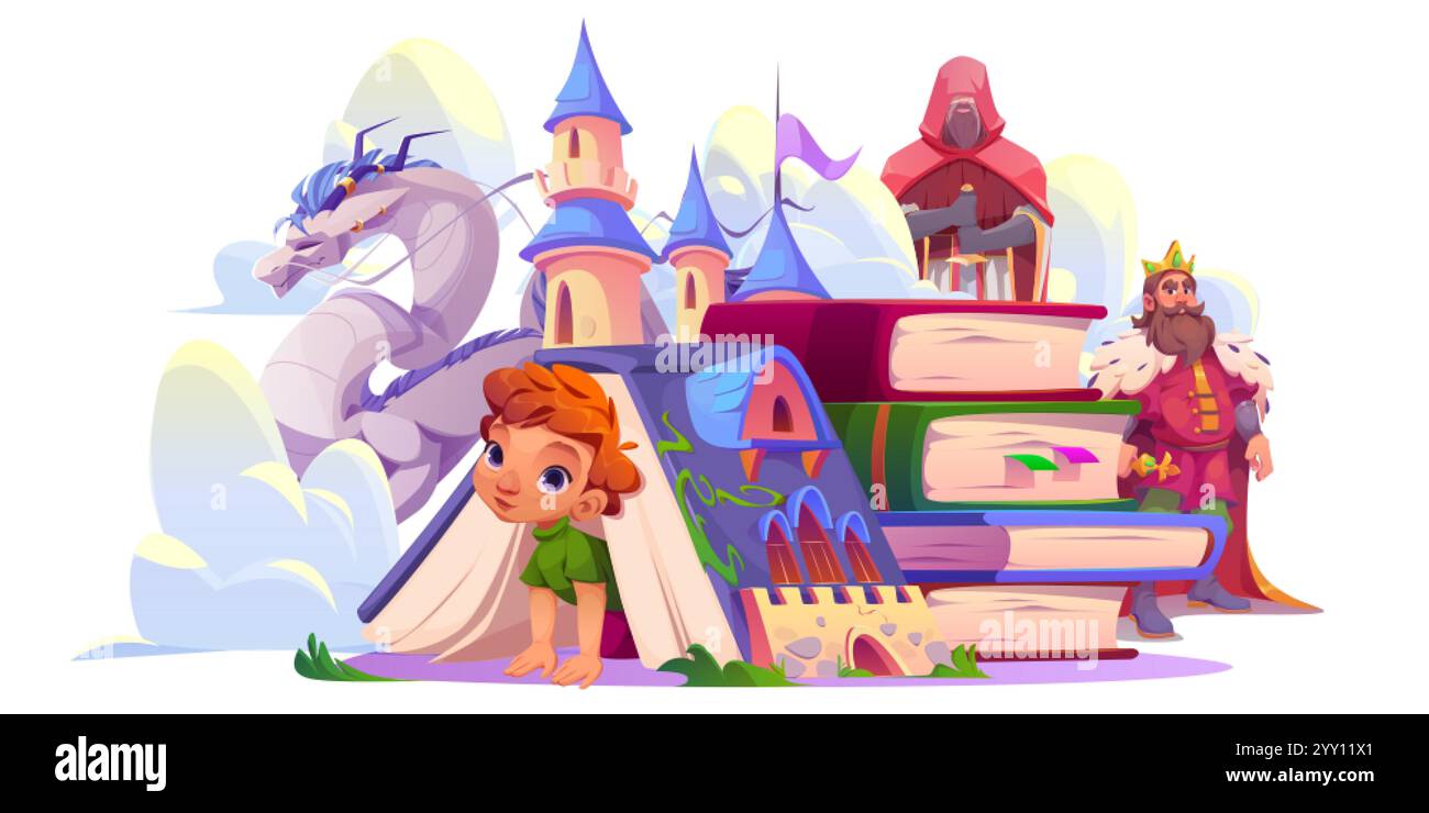 Kid read open tale book with magic story cartoon. Fantasy school ...